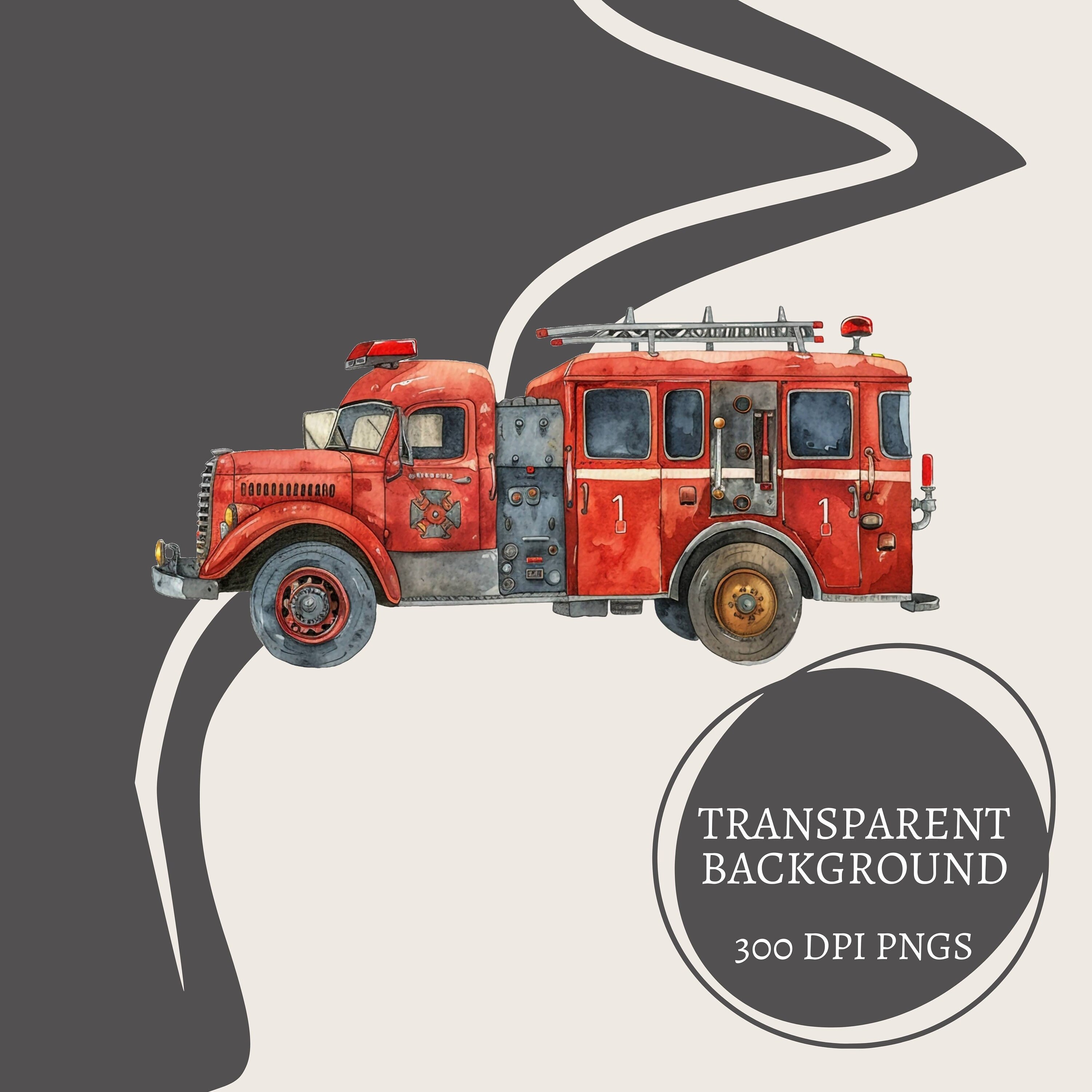 Watercolor Firefighter Clipart Bundle: Fire Truck Birthday (PNG Digital ...