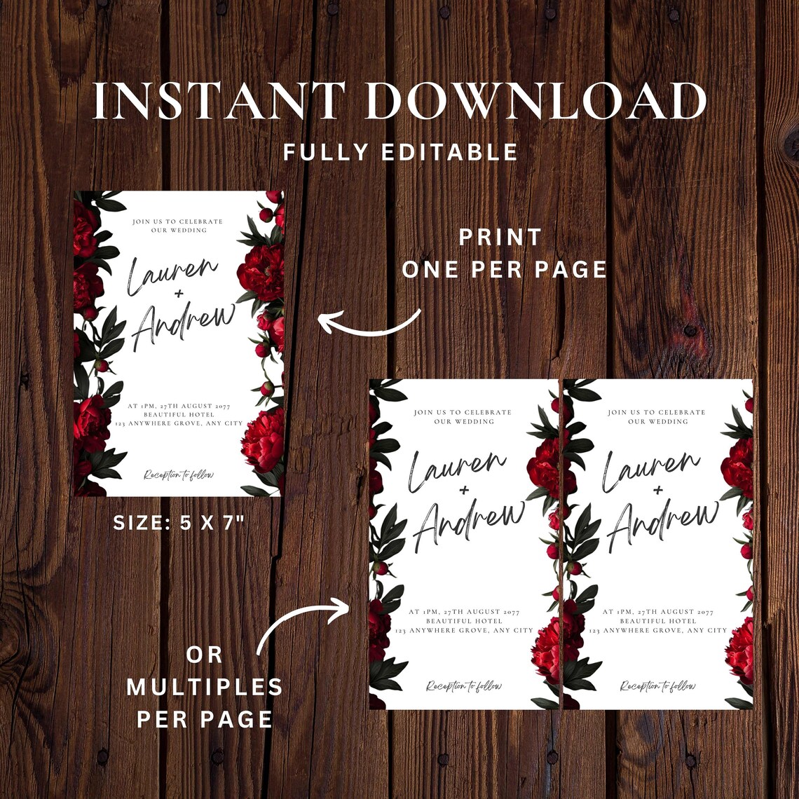 Burgundy Flower Wedding Invitation Template Bundle RSVP Card Wedding ...