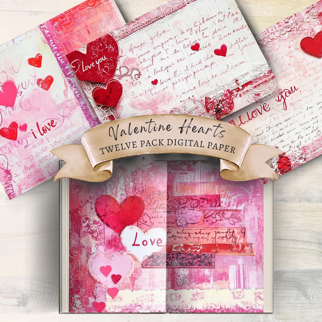 Valentine Hearts Digital Paper Pack: Love Letter Scrapbook (8.5x11 ...