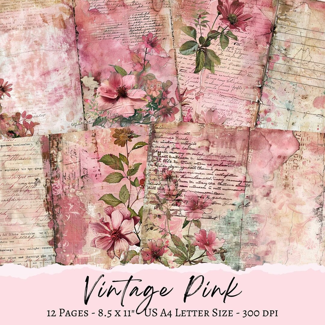 Vintage Pink Junk Art Journal, Pink Floral Paper Page, Pink Flower ...