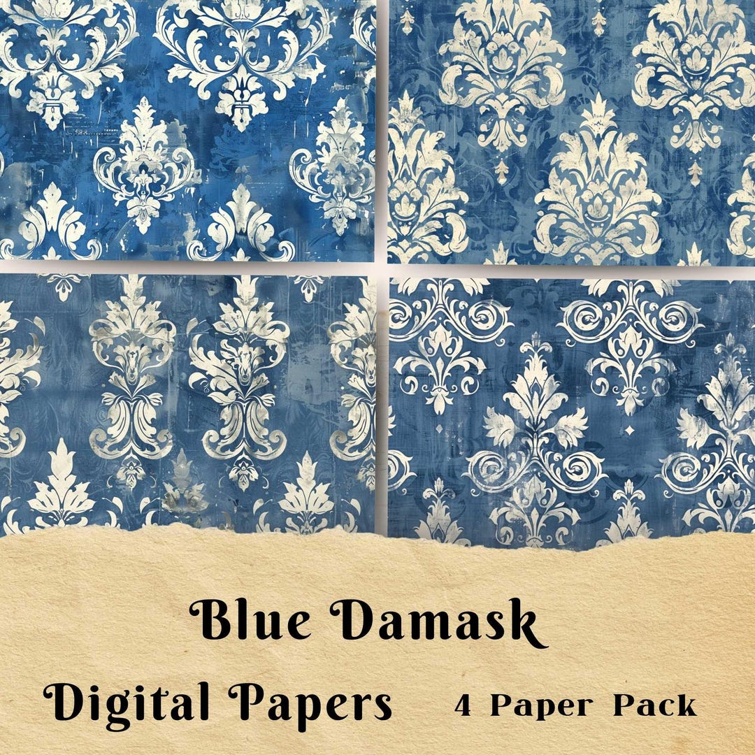 Blue Damask Digital Paper: Printable Scrapbook Pages (digital Download ...