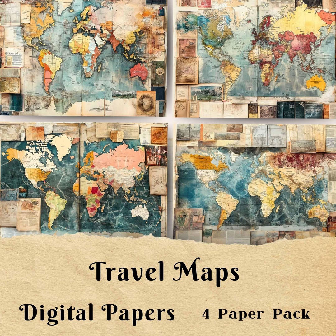 World Map Junk Journal, Digital, Scrapbook Paper, Greetings Cards ...