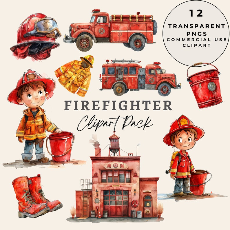 Watercolor Firefighter Clipart Bundle: Fire Truck Birthday (PNG Digital ...