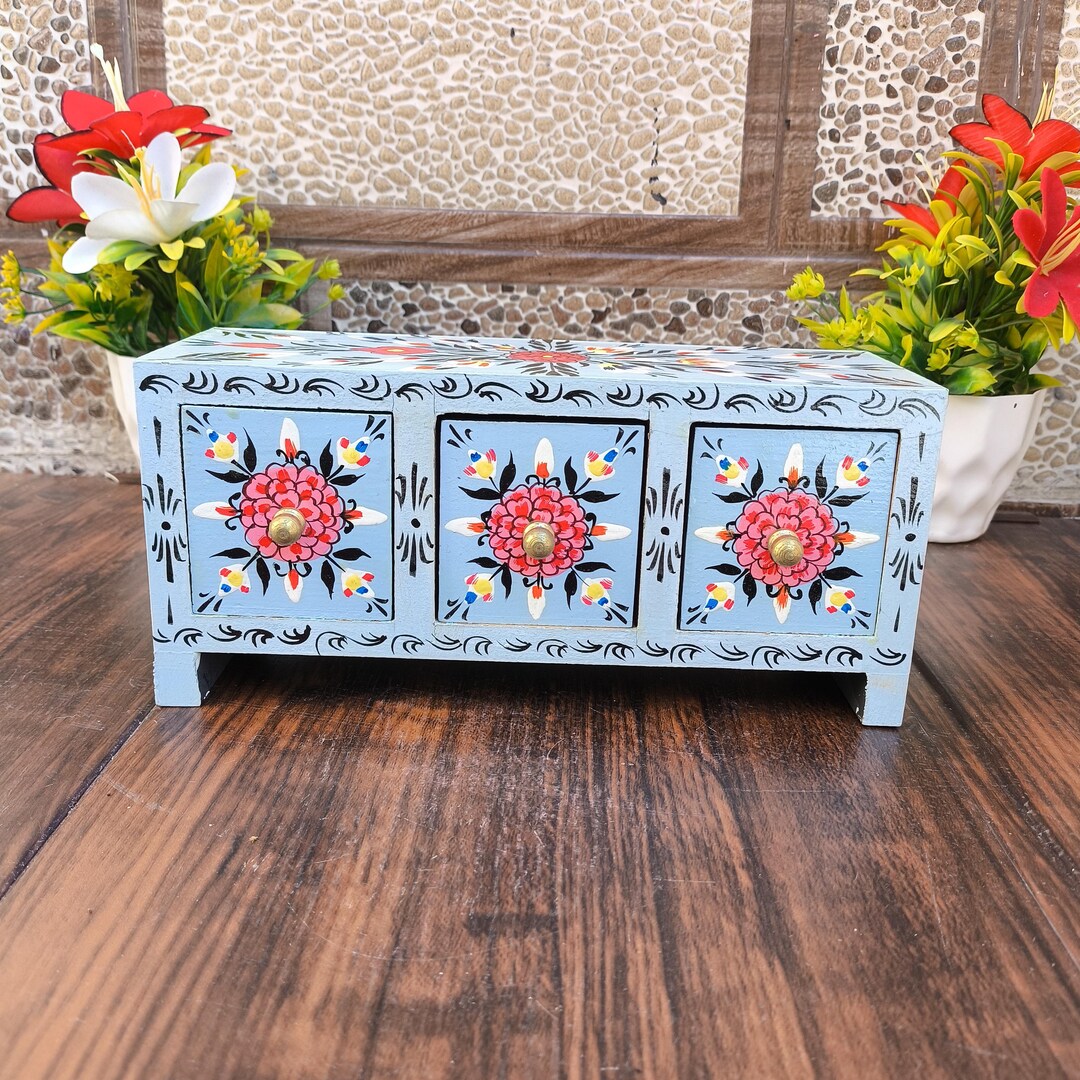 3-compartment Floral Hand-painted Wooden Storage Box, Handmade ...