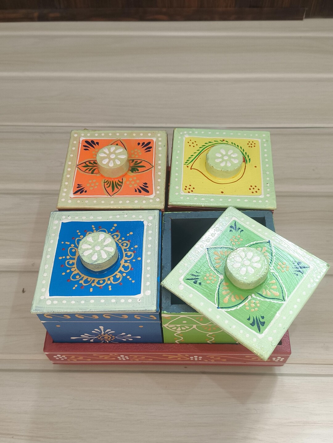Handcrafted Spinner Dry Fruit Box Set Decorative Floral Wooden Box for ...