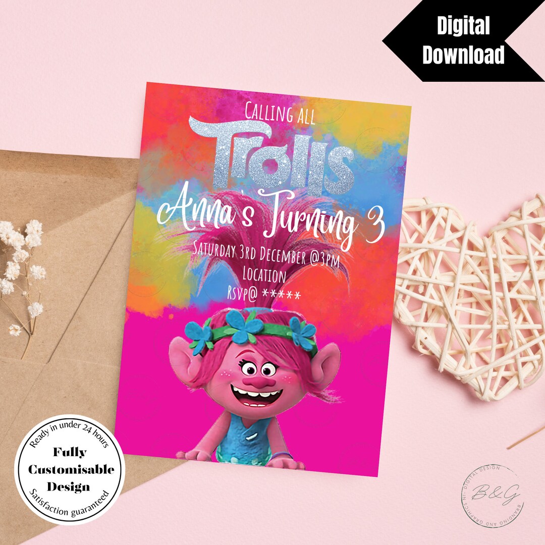 Poppy Invite Template, Printable Birthday Invitation, Editable Trolls ...