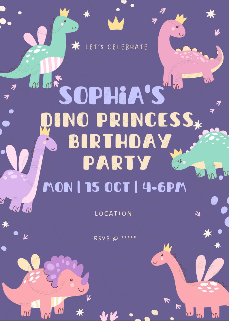 Dinosaur Princess Birthday Invitation, Dino Party Invite, Personalised ...