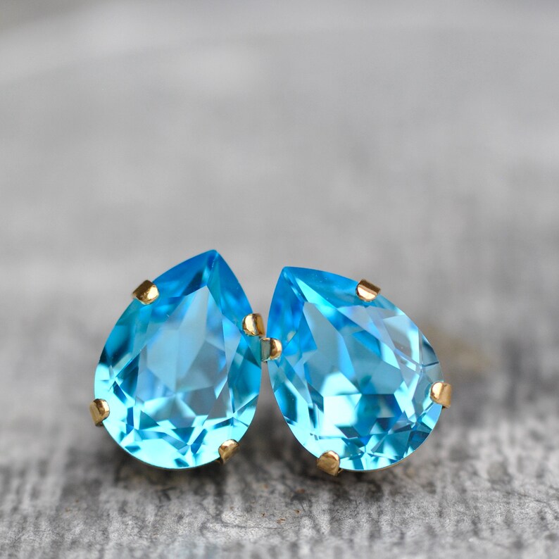 Aqua Studs, Aquamarine Rainbow Large Teardrop Studs, Made With Swarovski, Teardrop Earrings ...