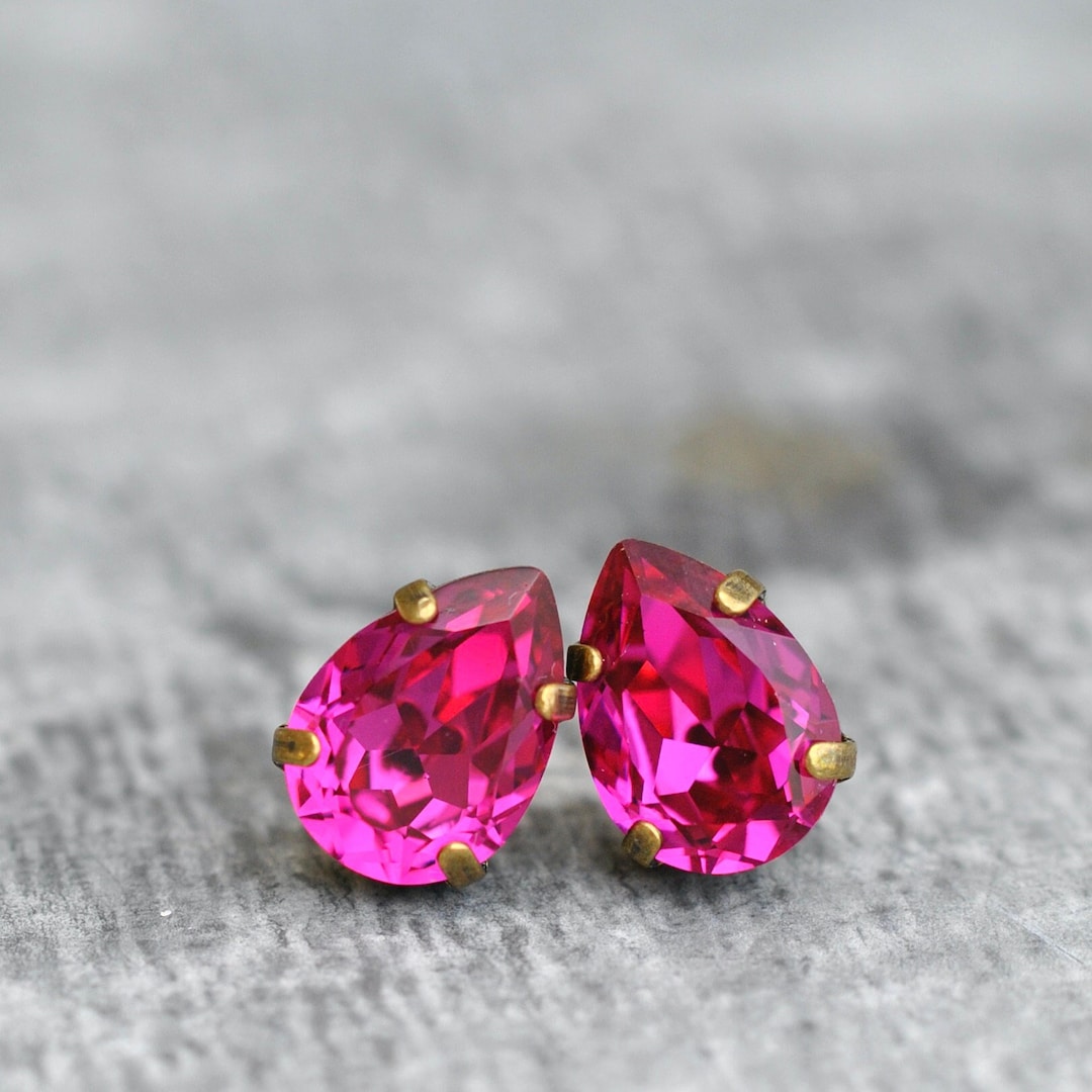 Hot Pink Crystal Studs, Fuchsia Studs, Made With Swarovski, Pink Earrings, Teardrop Earrings ...