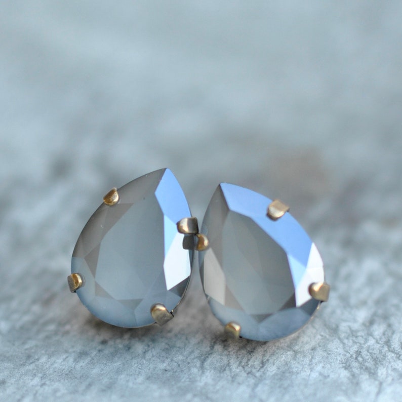 Grey Studs, Grey Large Teardrop Studs, Powder Grey, Made With Swarovski ...