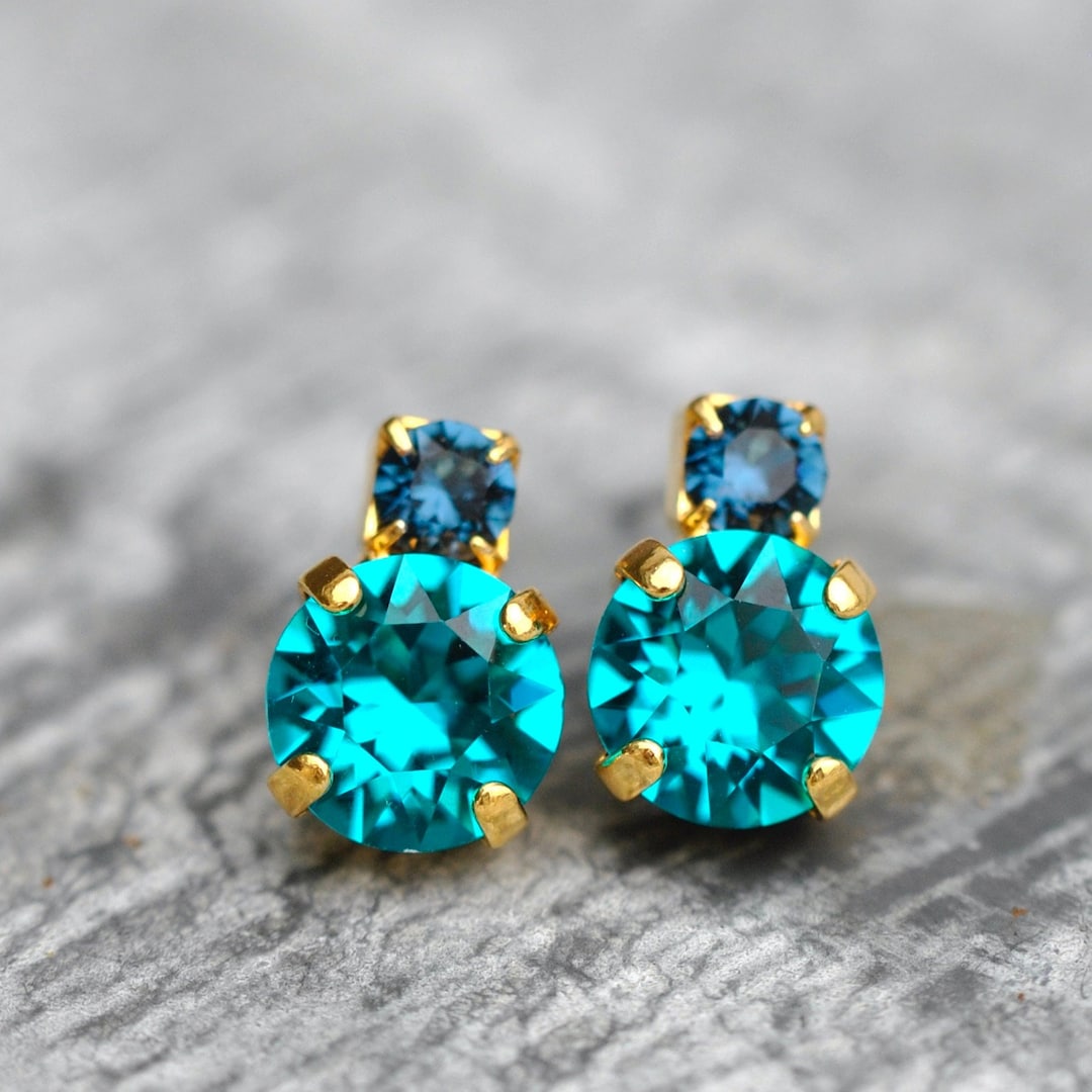 Teal Crystal Stud Earrings, Swarovski Crystal Studs, Blue Zircon, Navy ...