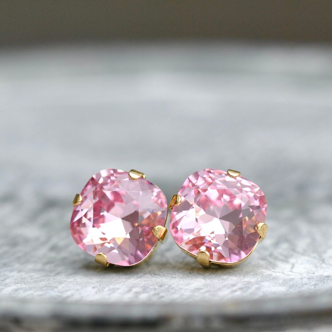 Soft Pink Crystal Studs, Light Rose Pink, Swarovski Studs, Cushion Cut ...