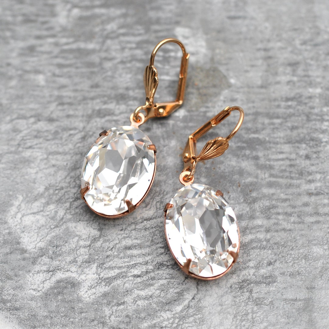 Clear Diamond Oval Drop Earrings, Crystal Dangles, Rose Gold, Swarovski ...