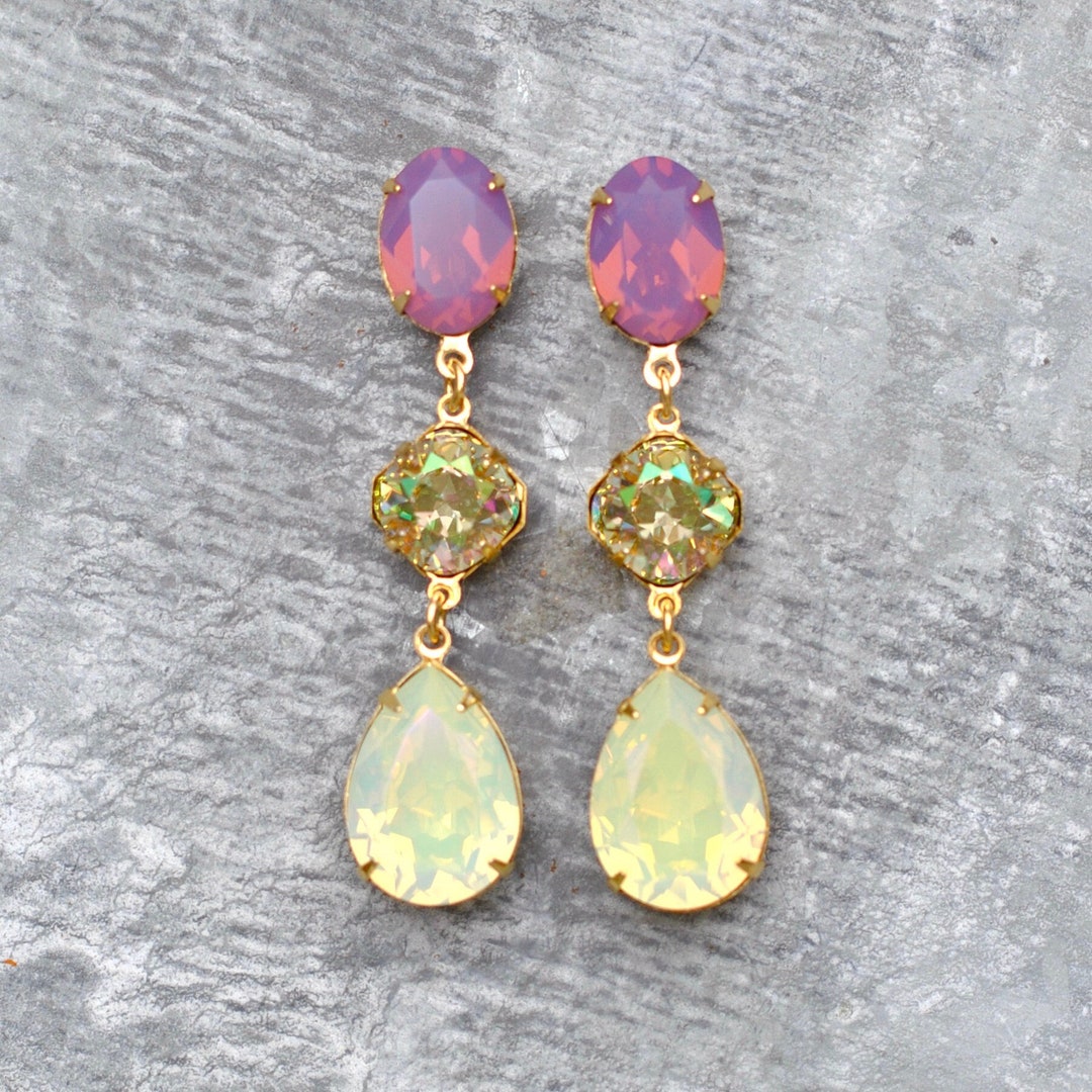 Lemon Yellow Rainbow, Purple Cyclamen Opal, Swarovski Earrings, Fiesta ...