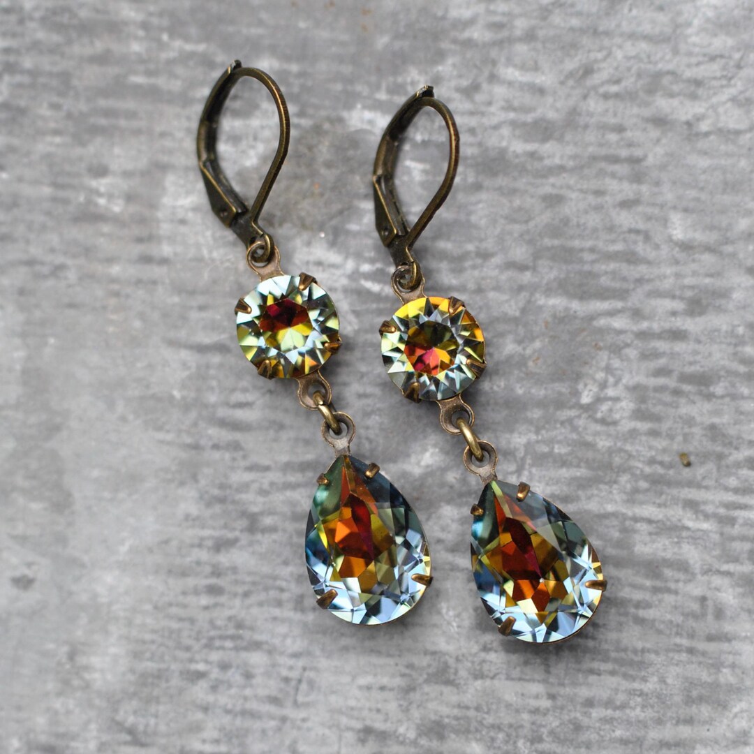 Dark Rainbow Crystal Rhinestone Drop Earrings, Swarovski Crystal Denim ...