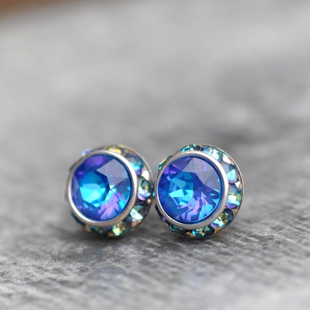 Royal Blue Earrings, Swarovski Crystal Studs, Blue Rainbow Earrings ...