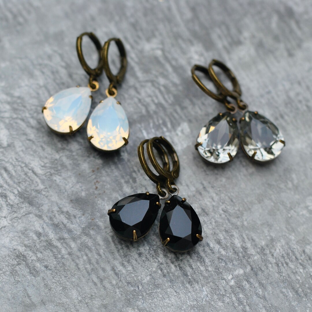 White Opal Grey Black Diamond Jet Drop Earrings Huggie Hoops Made With ...