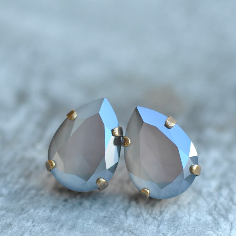 Grey Studs, Grey Large Teardrop Studs, Powder Grey, Made With Swarovski ...