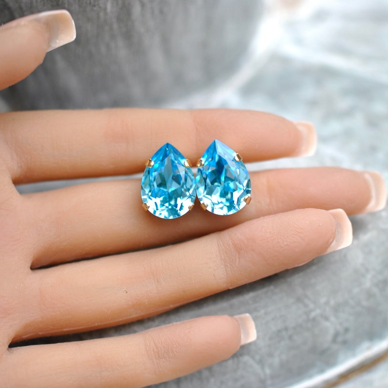 Aqua Studs, Aquamarine Rainbow Large Teardrop Studs, Made With Swarovski, Teardrop Earrings ...