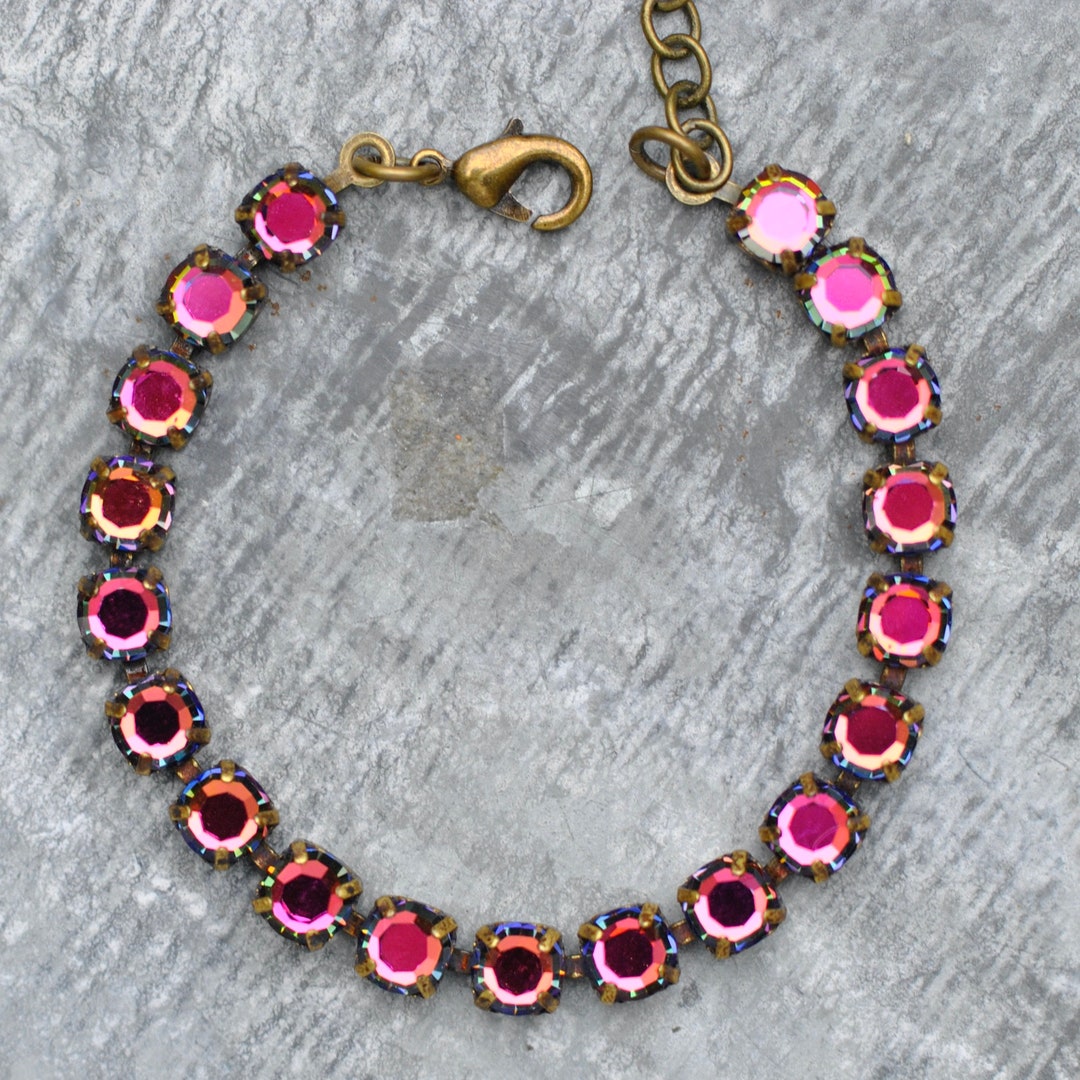 Hot Pink Rainbow Rhinestone Mini Tennis Bracelet, Vintage Swarovski ...