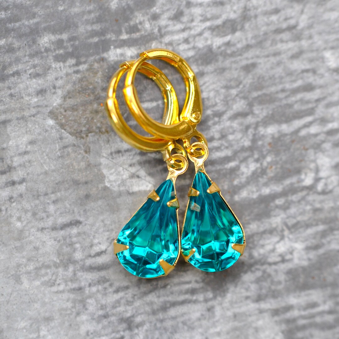Teal Charm Earrings, Vintage Charms, Charm Earrings, Blue Zircon Huggie ...