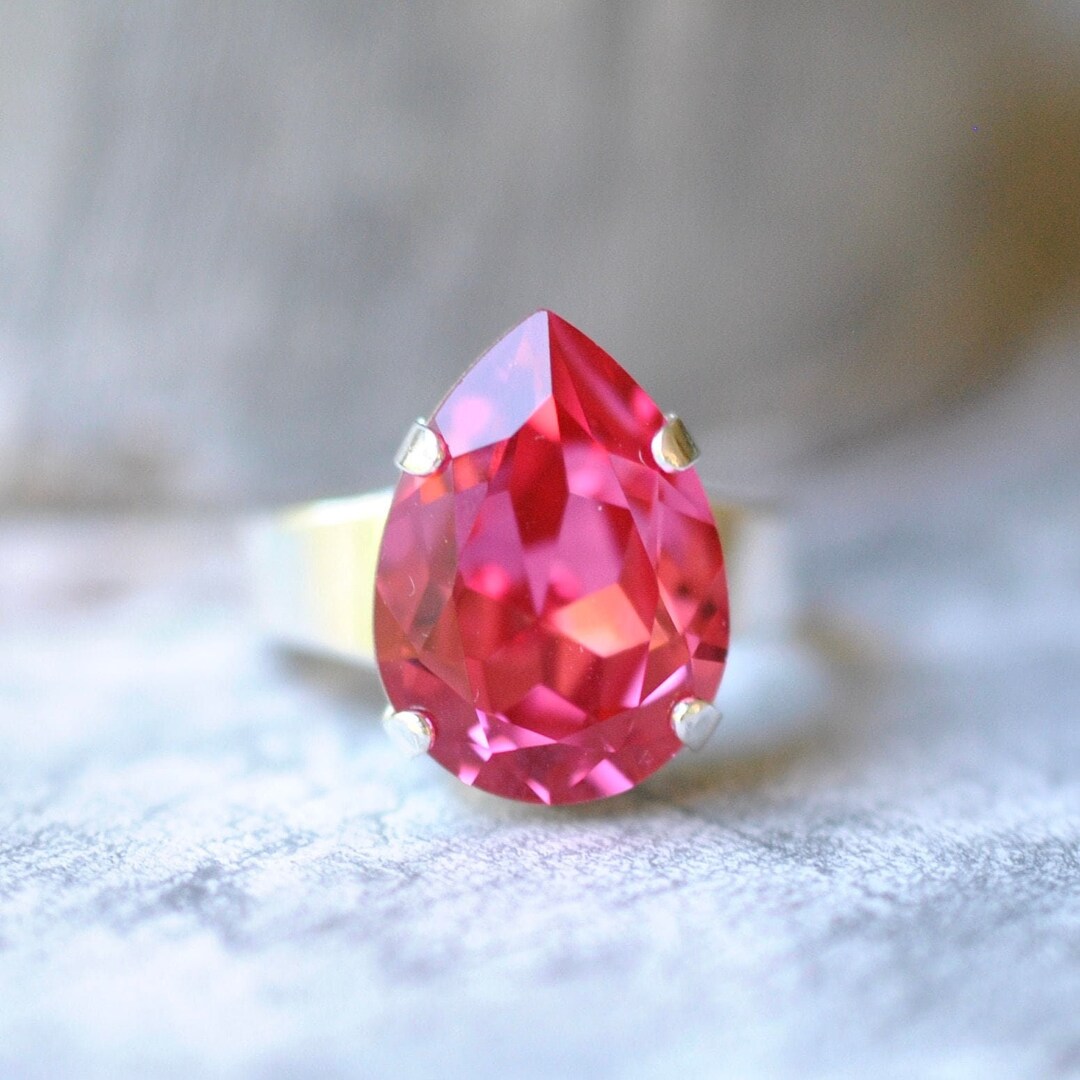 Pink Crystal Ring, Statement Ring, Rose Pink, Vintage Ring, Pear Ring ...