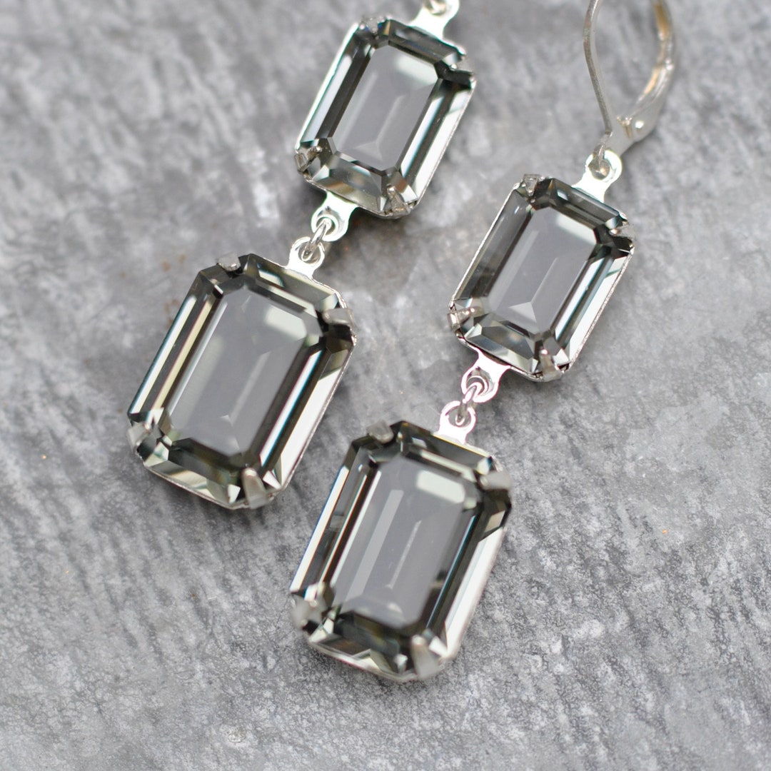 Smokey Charcoal Grey Gray Rectangle Crystal Earrings, Swarovski ...