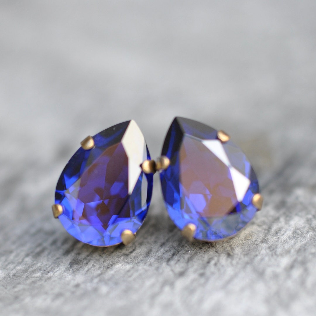 Midnight Navy Moonlight Studs, Navy Large Teardrop Studs, Swarovski ...