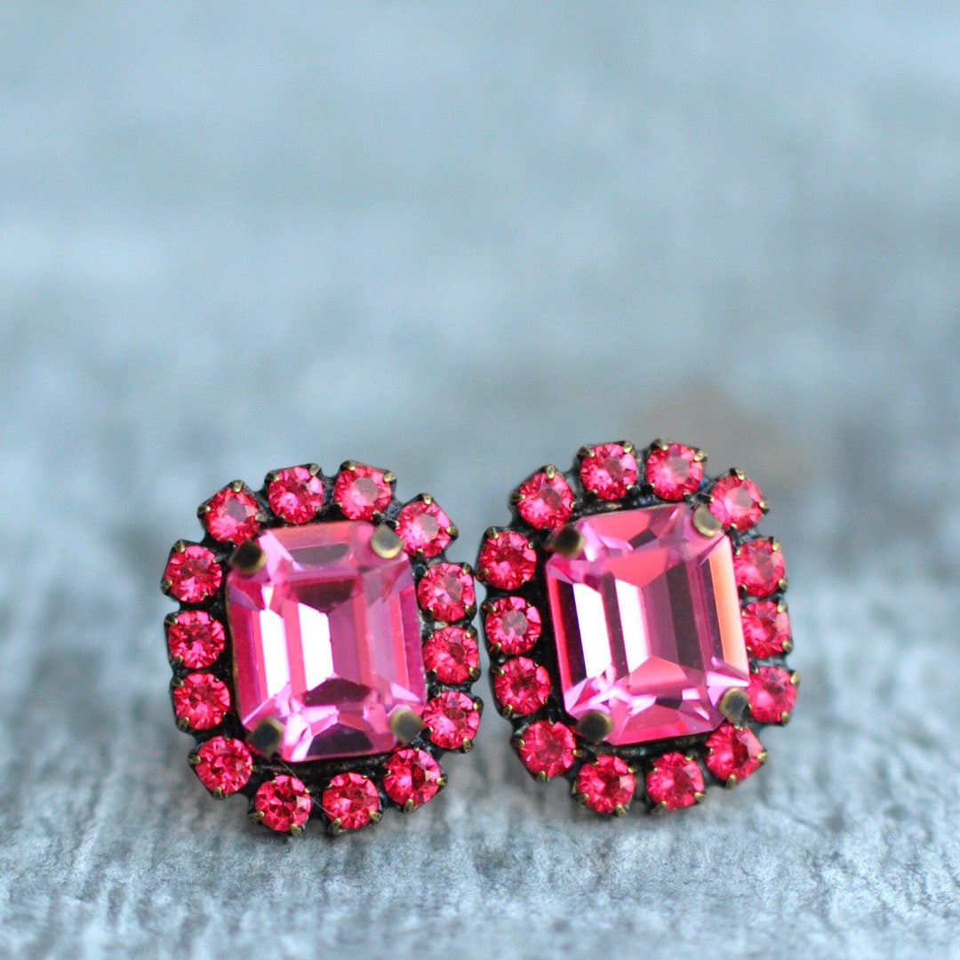Pink Studs, Sweet Rose Pink, Pink Rhinestone Earrings, Hot Pink, Made ...