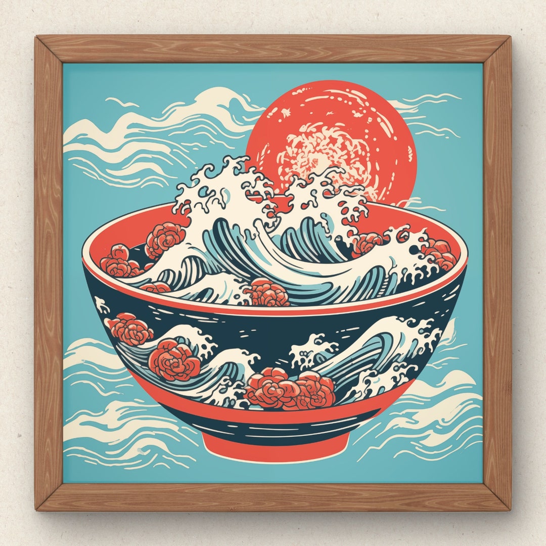 Ramen Bowl Linocut Print, Digital Square Wall Art, Kanagawa Oki Nami ...