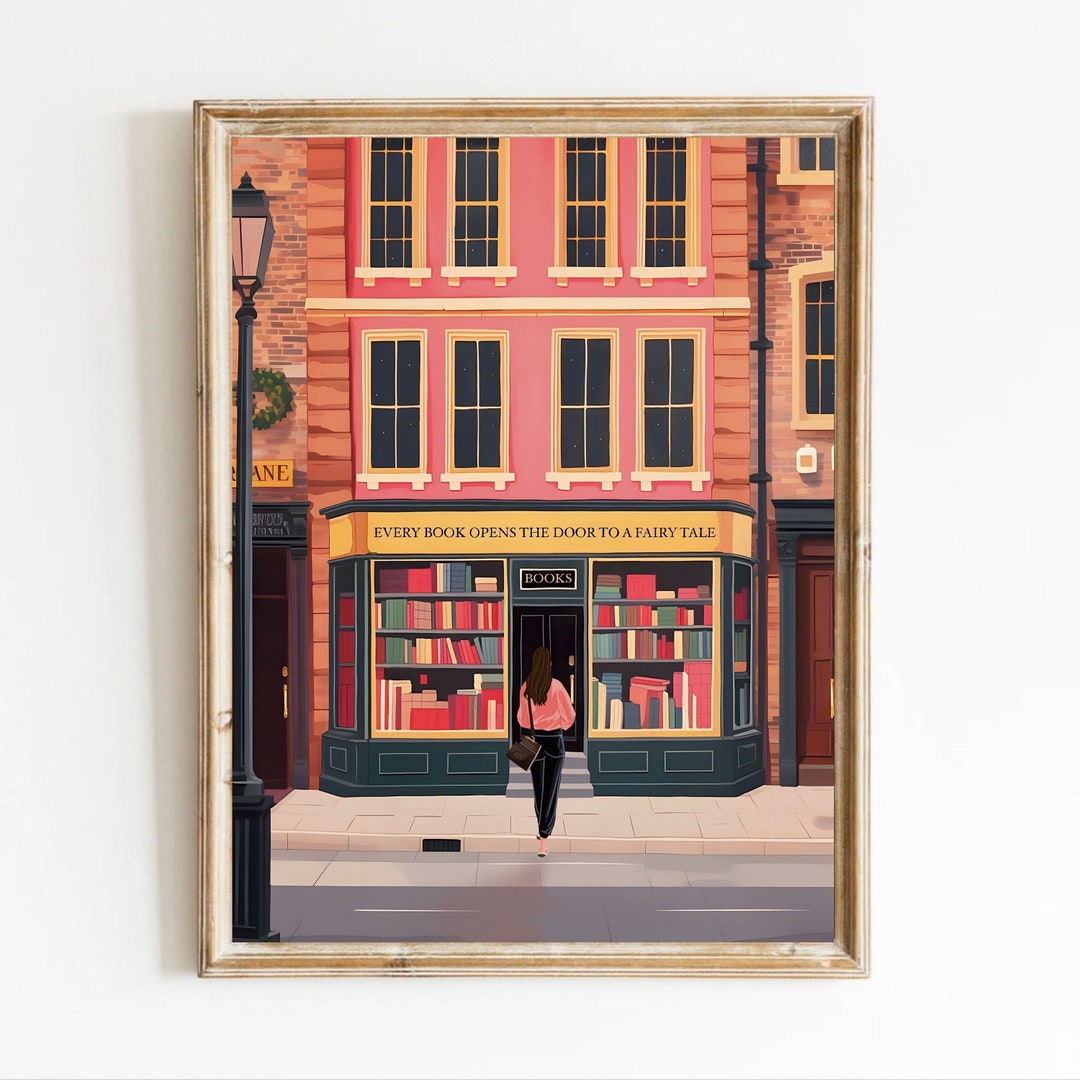 New York Bookstore Illustration Wall Art, Cozy Bookshop Art, Bookshop ...