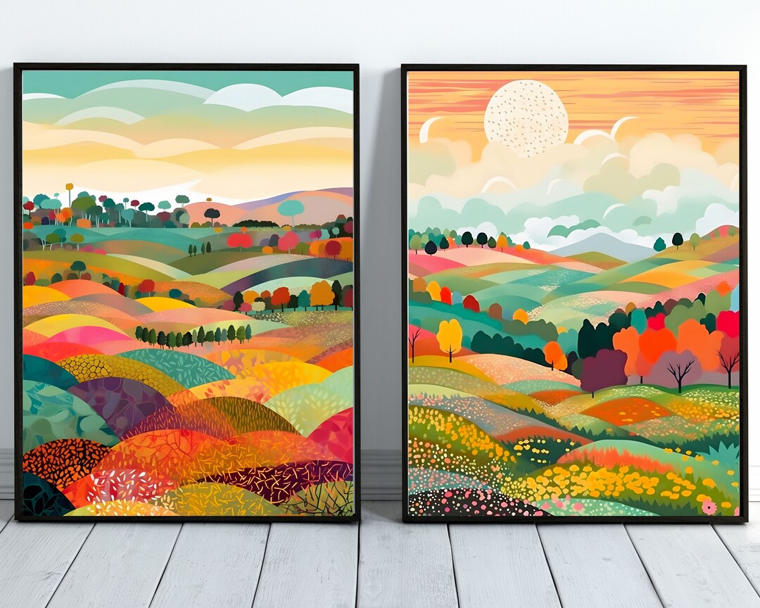 Patchwork Meadows Set of 2, Abstract Wall Art, Scenery Art Print ...