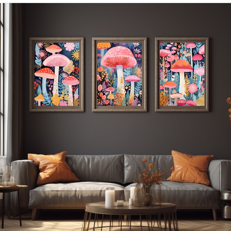 Pink Mushrooms Wonderland Paintings Set of 3, Dreamy Trend Decor ...