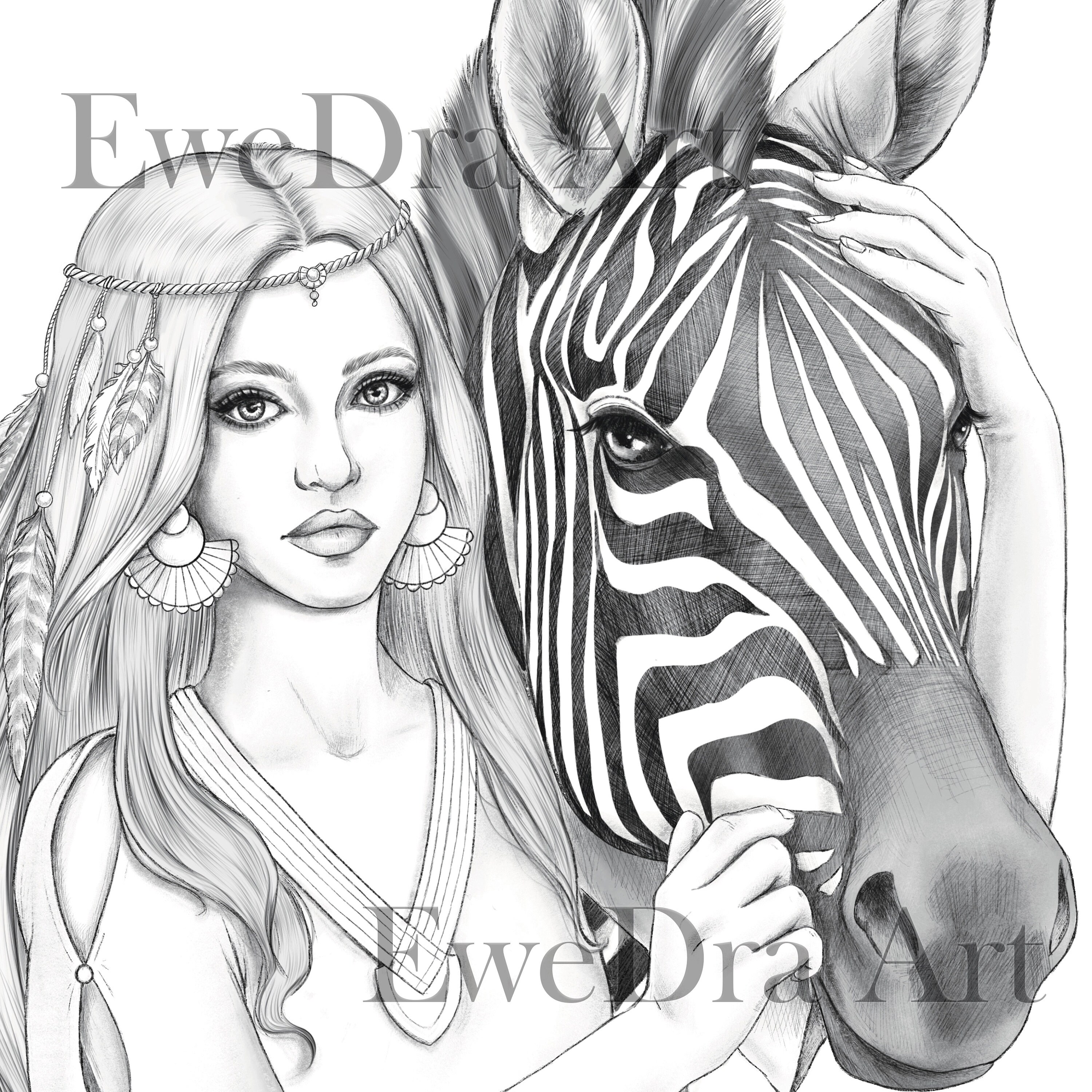 Lady Zebra Ewedra Art, Coloring Page for Adults, Woman With Zebra ...