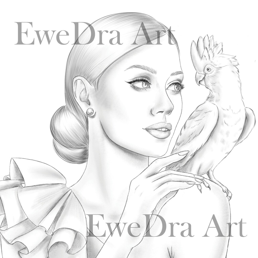 Pink Beauty - Ewedra Art, Coloring Page for Adults, Woman With Galah ...