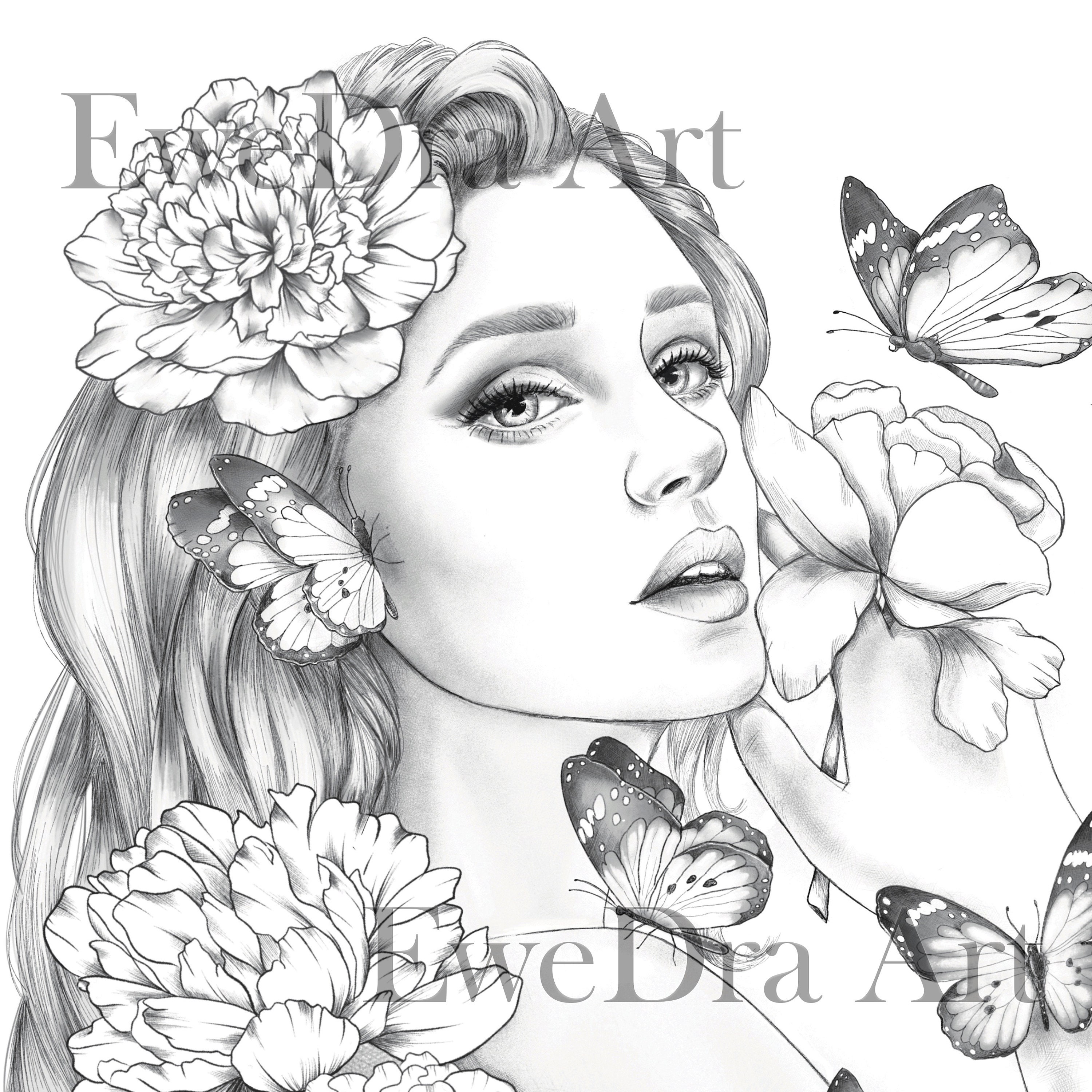 Butterfly Queen, Ewedra Art, Coloring Page for Adult, Woman With ...