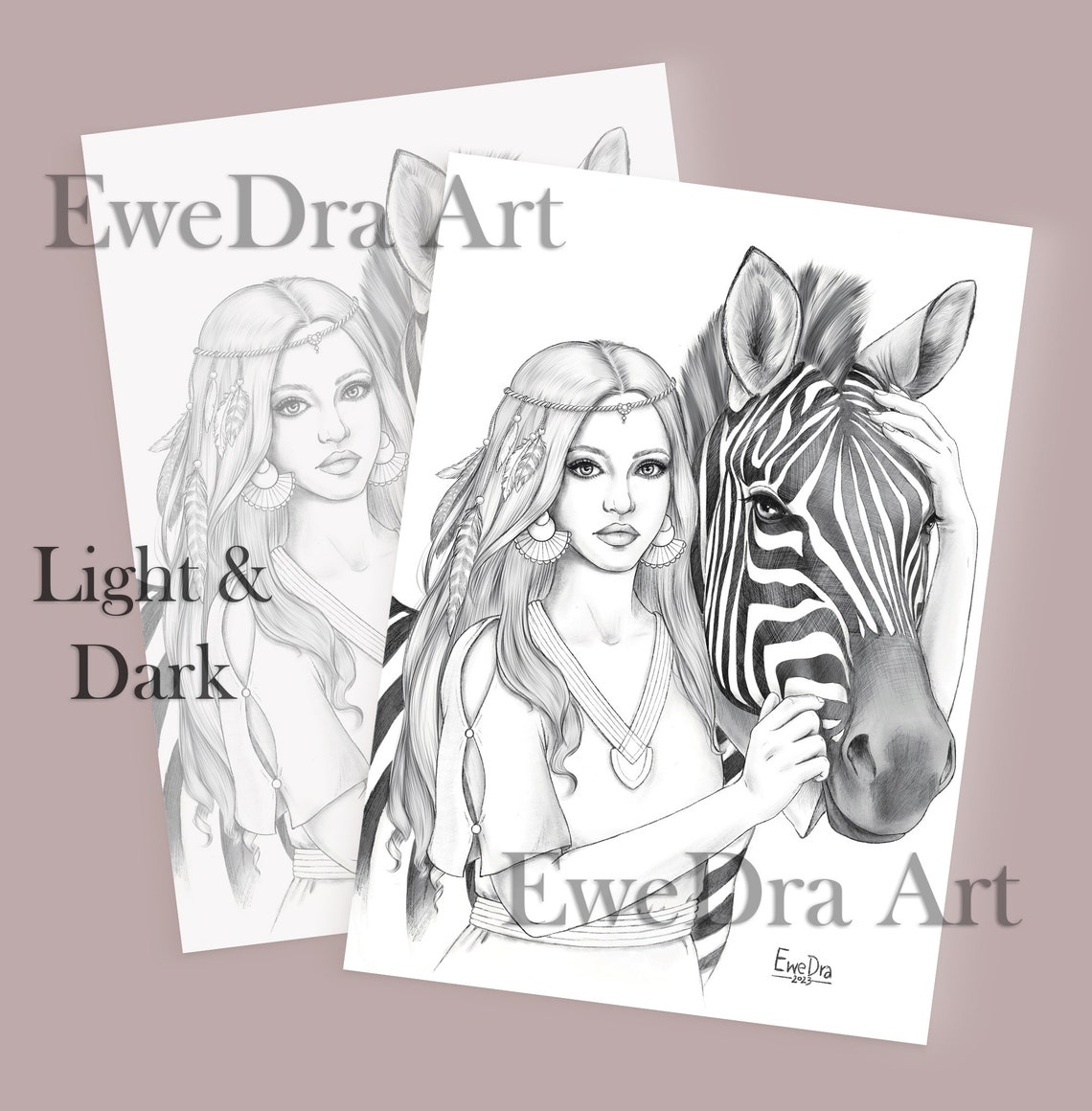 Lady Zebra Ewedra Art, Coloring Page for Adults, Woman With Zebra ...