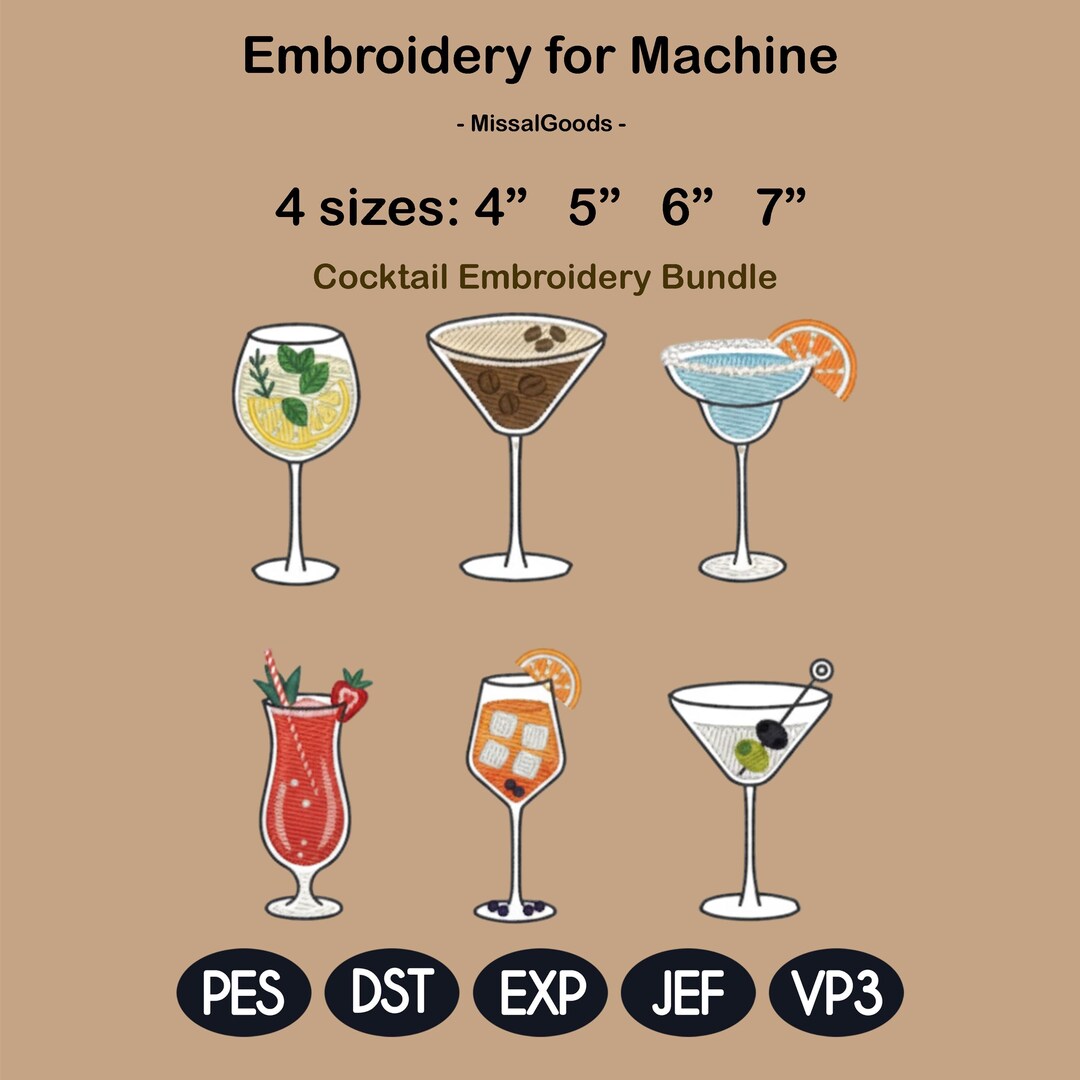 Mini Cocktail Embroidery Design Set: Martini, Spritz, Margarita, 4 ...