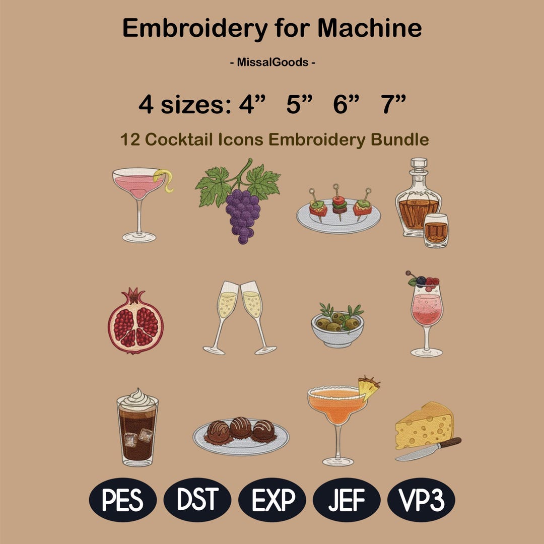 Cocktail Embroidery Design Bundle, Bar Drink Icons, Food and Drink ...