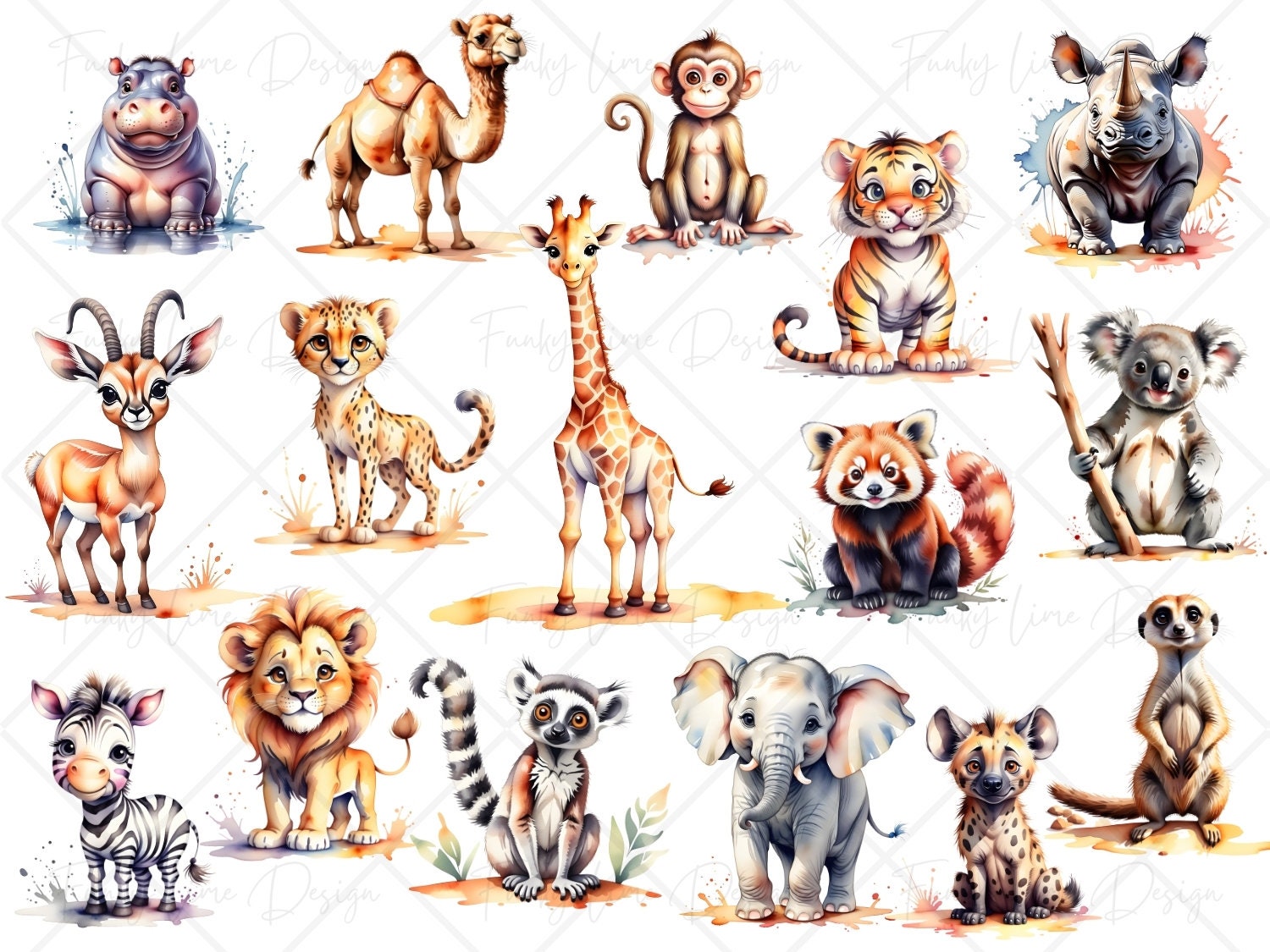 16 Cute Jungle Animals Clipart, Safari Baby Animal PNG, Watercolor ...
