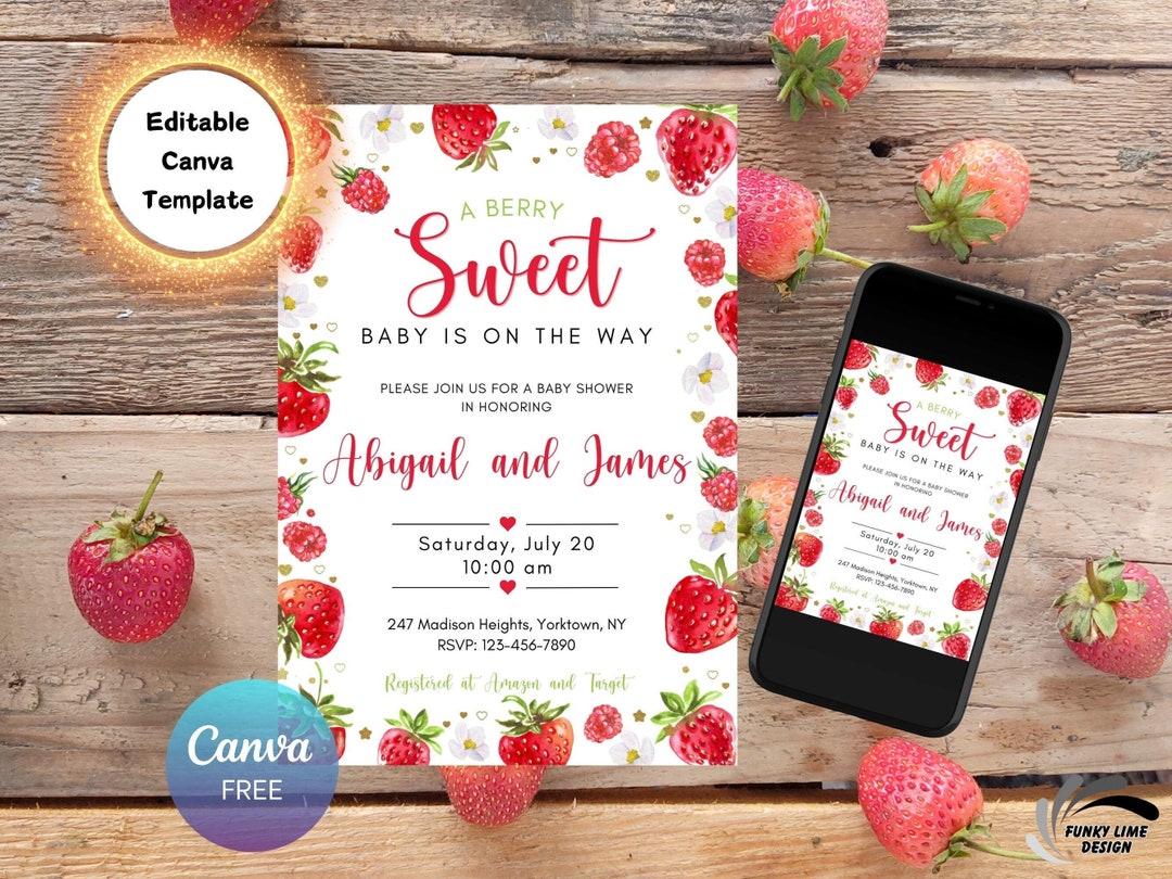 Editable Berry Sweet Baby Shower Invitation, Blush Berry Sweet Invite ...