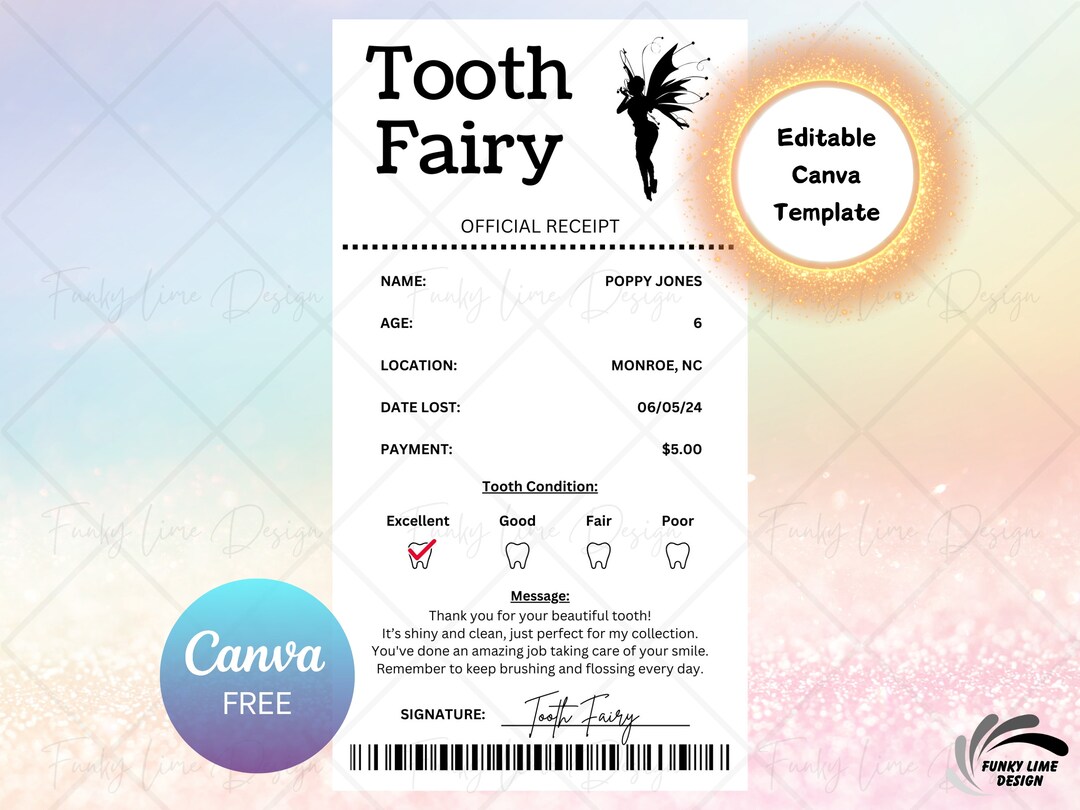Editable Tooth Fairy Receipt Printable Certificate, First Tooth Lost ...