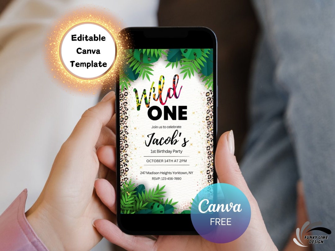 Editable Wild One Leopard Print Jungle Birthday Party Evite Invitation ...
