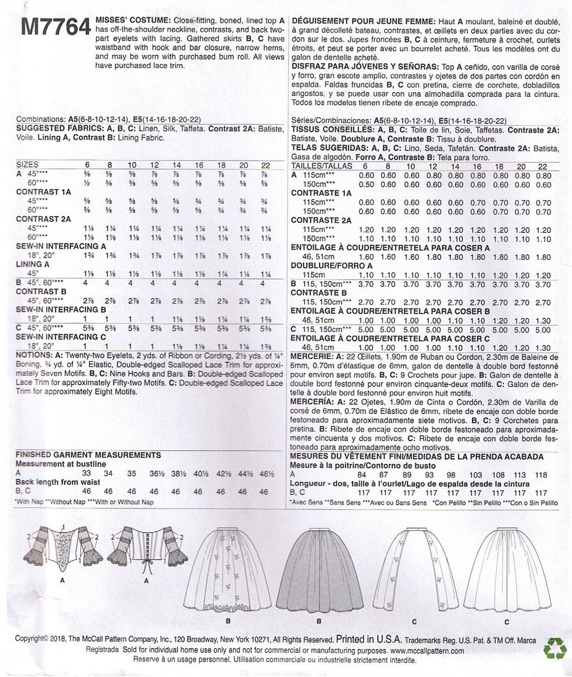 Outlander Claire 18th Century Dress Sewing Pattern: Mccalls 7764, Sizes ...