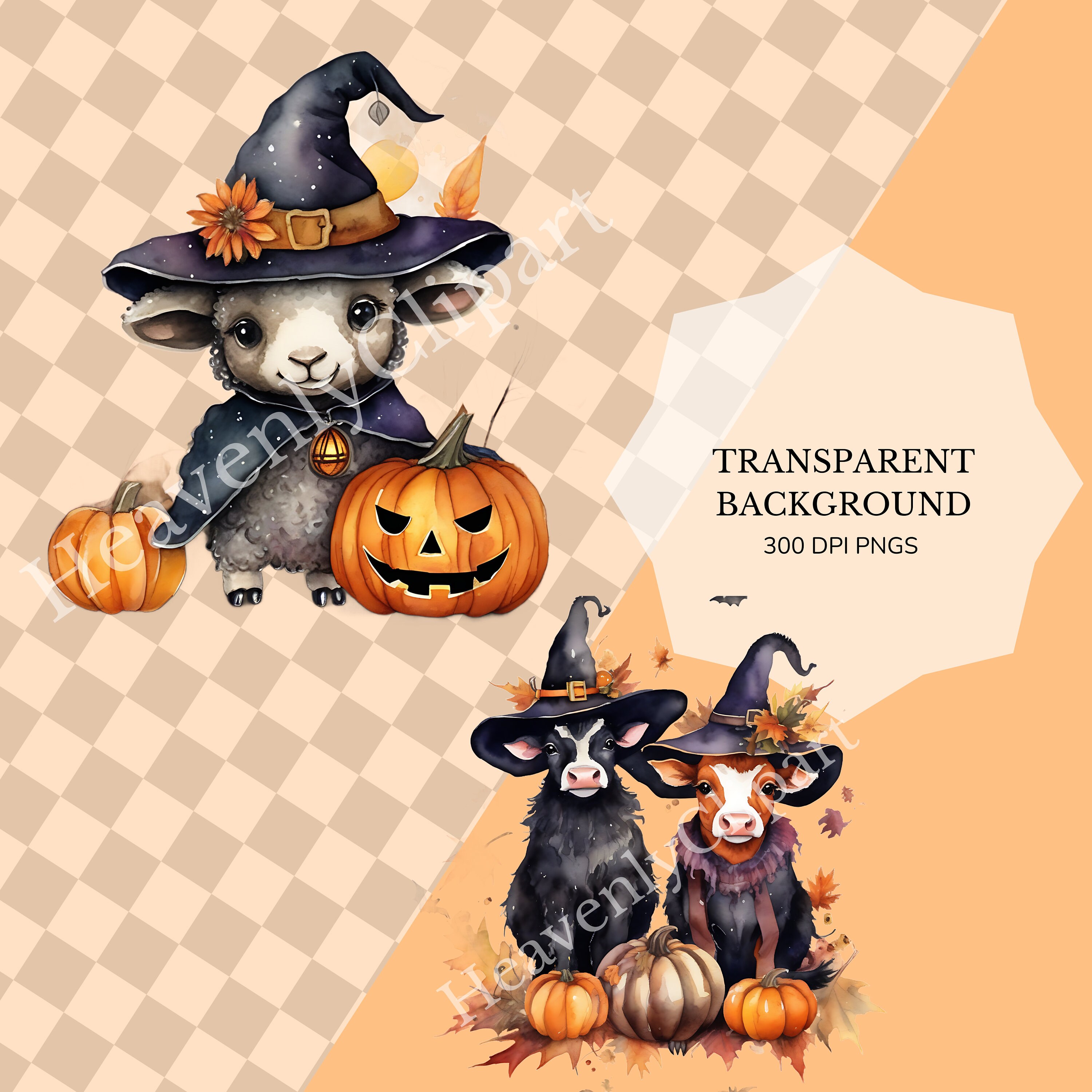 Watercolor Halloween Farm Animals Collection Clipart 57 PNG Halloween ...