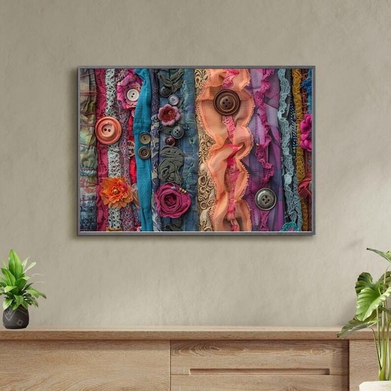 Textile Harmony: A Boho Fabric Collage | Wall Art | Printable Wall Art ...