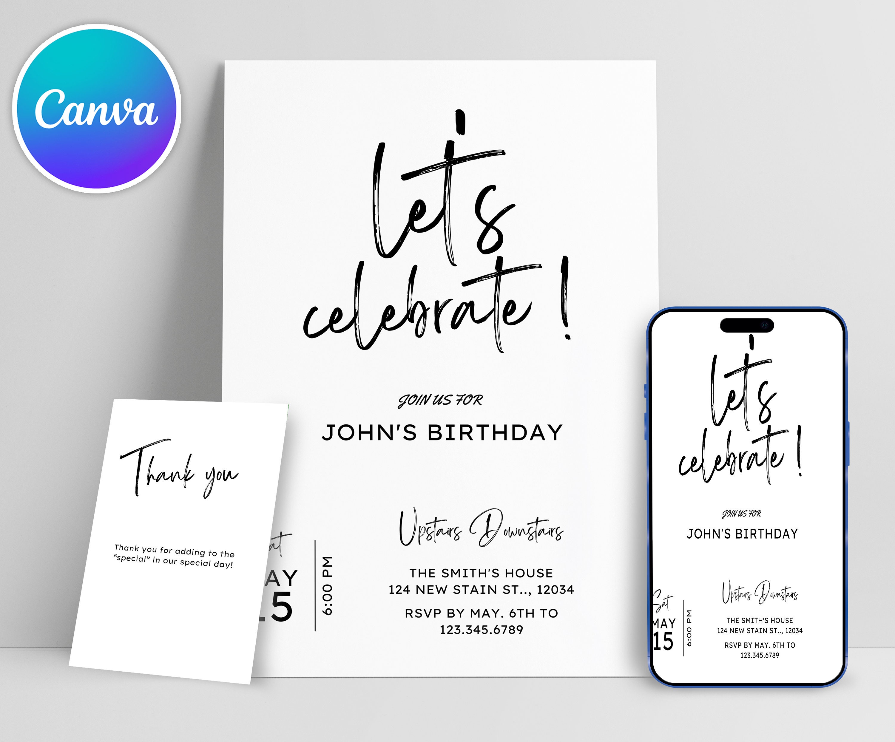 Editable Modern Birthday Invitation Canva Template Modern Party ...