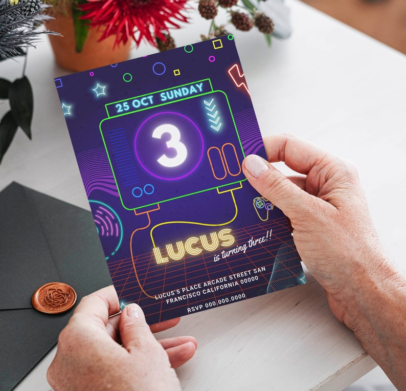 Video Game Birthday Invitation Template, Video Game Invitation, Neon ...