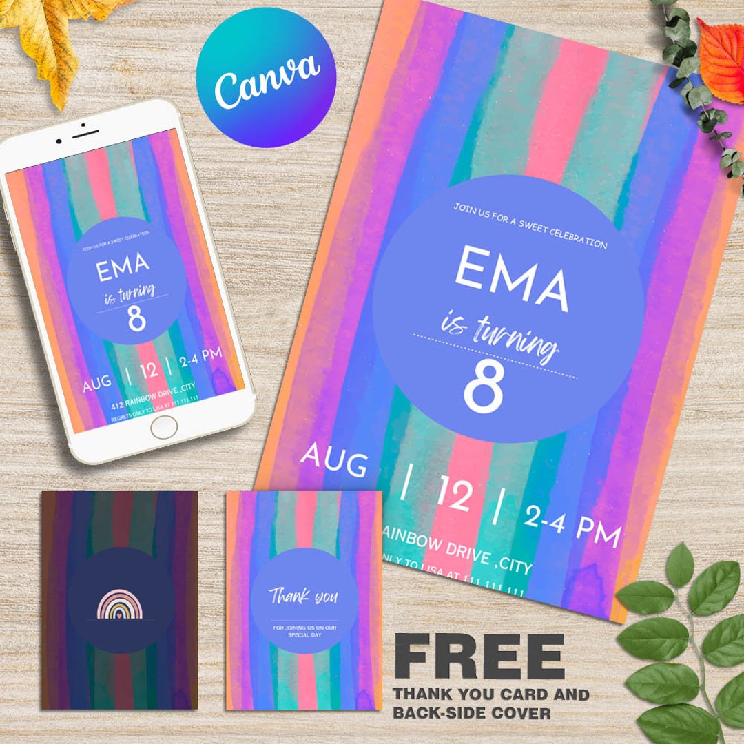 Editable Rainbow Birthday Invitation Canva Template, Kids Birthday ...