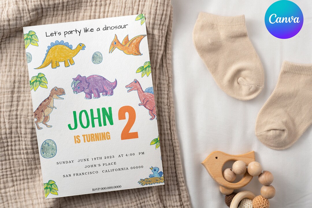Dinosaur Birthday Party Canva Invitation Template, Dinosaur Birthday ...